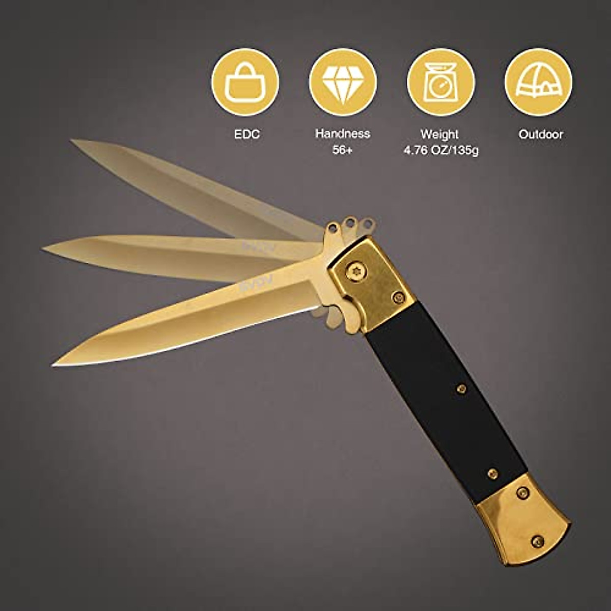 GVDV Folding Pocket Knife with G10 Handle, 7Cr17 Stainless Steel EDC Knife with Safety Liner-Lock, Camping Hunting Fishing Knife for Men Women, Gold