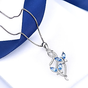 AOBOCO Sterling Silver Infinity Butterfly Pendant Necklace with Simulated Aquamarine Blue Crystals, Anniversary Birthday Jewelry Gifts for Women