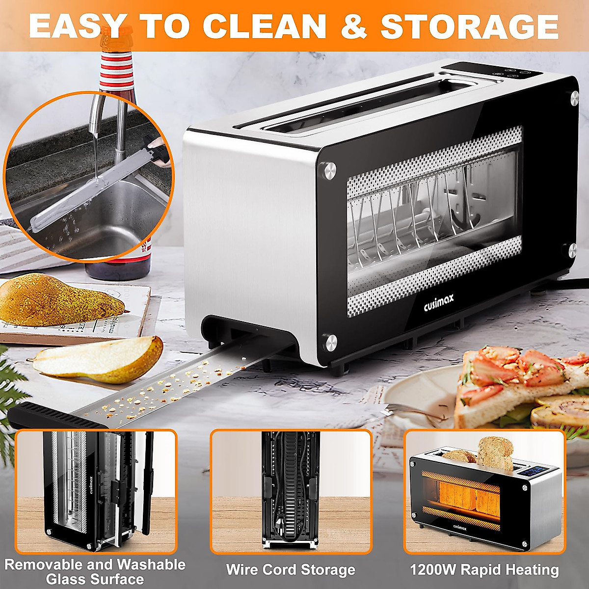 CUSIMAX Toaster 2 Slice,Toaster Long Slot with Clear View Glass Window,One Touch Digital Control Presets with Automatic Lifting,Slide-out Glass Panel and Easy Clean Up Crumb Tray,Black Toaster