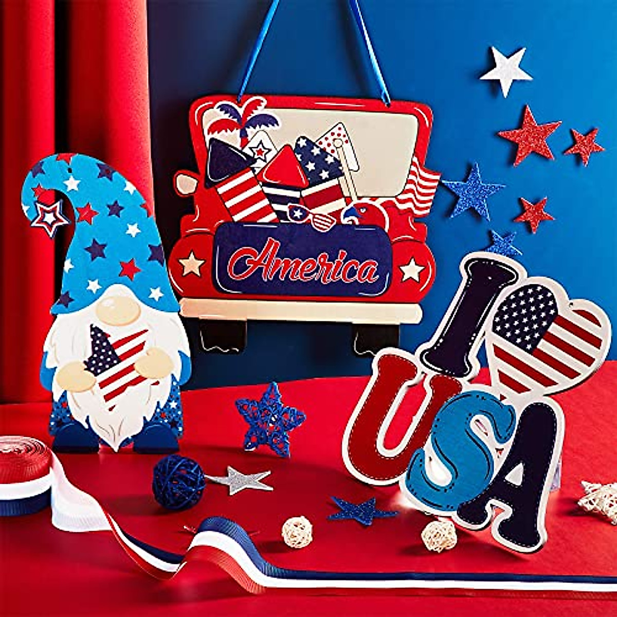 3 Pieces 4th of July Decorations Patriotic Wooden Signs Independence Day America Wooden Signs I Love USA Gnome Hanging Signs for Window Door Wall Decoration