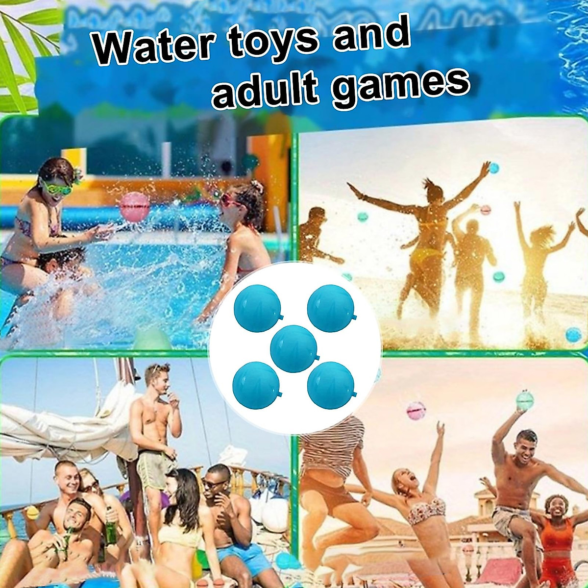 Grebest 5Pcs Reusable Water Balloons,Self Sealing & Quick Fill Silicone Latex-Free Water Bombs for Fun Splash Water Party,Outdoor Summer Pool Beach Toys for Kids Adults Blue 2.36