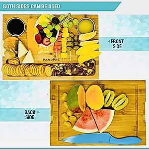 Bamboo Cheese Board Set, Charcuterie Food Serving Tray - Included Stainless Steel Knives & Bowls, Extra Large [16x11x1] Wooden Cutting Board Platter for Wine, Cracker, Brie, Meat, Dip, Chip by PandPal