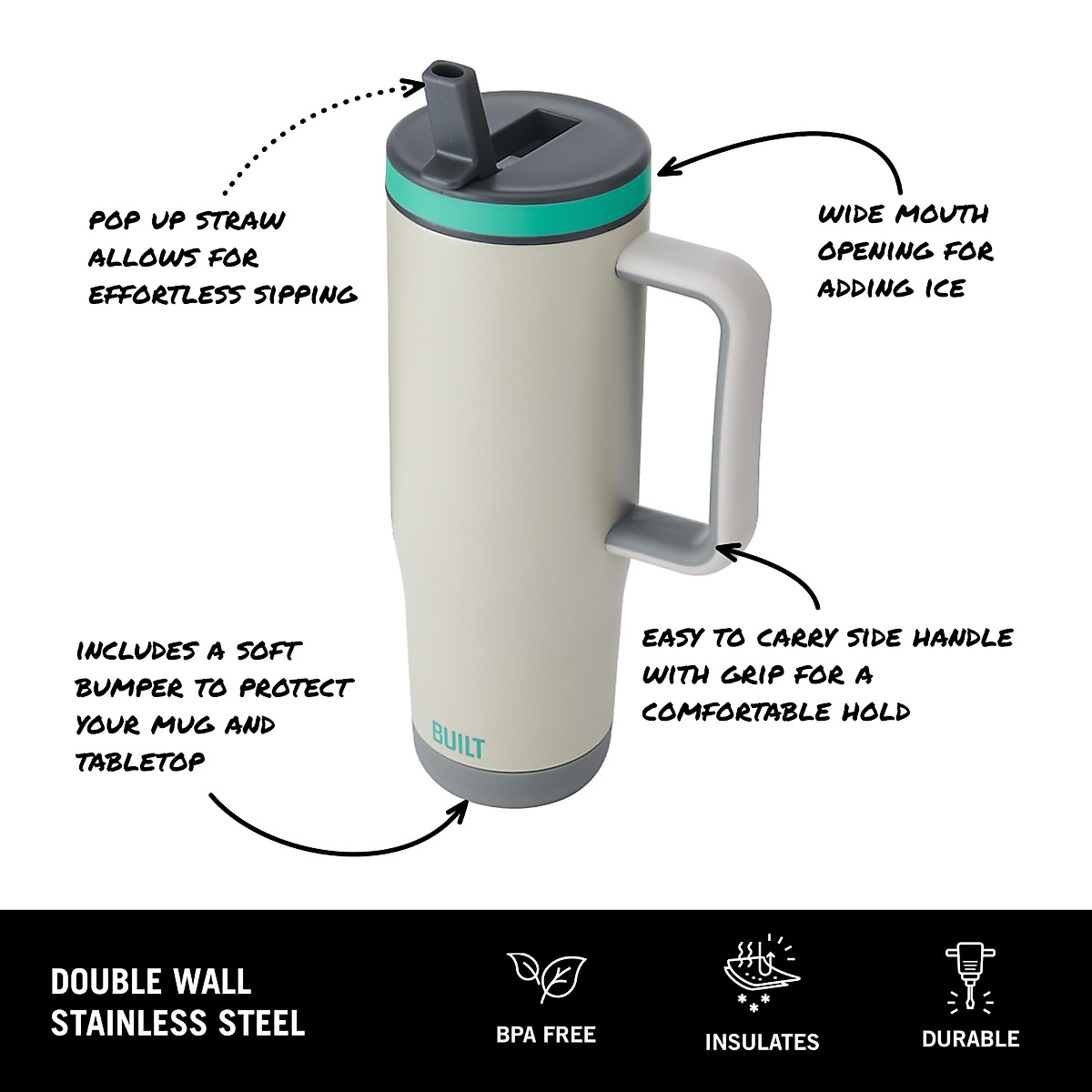 Built 40 oz Cascade Flip Straw Tumbler, Double Wall Insulated Tumbler, Gym & Sport Bottles - Stainless Steel & Straw Lid, Leak-Proof, Soft Bumper Base, Portable BPA-Free (Black)