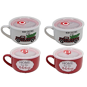 Kovot 24oz Ceramic Christmas Themed Bowl Set with Lid & Handle – Use for Ramen, Soup, Cereal, & as a Coffee Mug – Take Your Food To Go with Airtight Silicone Lid and Steam Vent (4-Pack – Red & White)