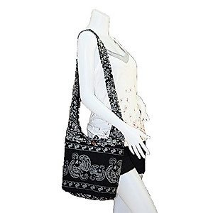 Thai Hippie Hobo Sling Crossbody Shoulder Bag Purse Handmade Zip Peacock Pattern Cotton Gypsy Boho Messenger Medium (M440 (Black))