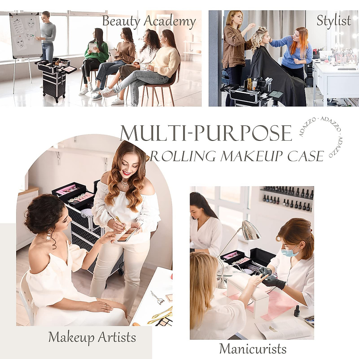 Adazzo 3 in 1 Professional Rolling Makeup Train Case Aluminum Trolley Case with 360° Rotation Wheels for Makuep Artist Cosmetic Suitcase Organizer with Lock and Key Diamond Pattern - Black