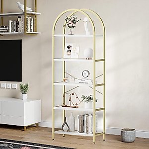 Gyabnw Bookshelf, 5-Tier Arched Bookcase with Metal Frame, Open Modern Bookcase Shelf Storage Organizer for Bedroom, Study, Living Room, and Office(White, Gold)
