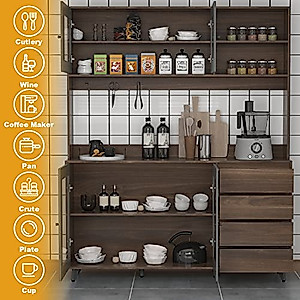 AIEGLE Large Kitchen Hutch Cabinet, Storage Cupboard Pantry with 4 Doors, 4 Drawers & Microwave Shelf, for Kitchen Storage, Dark Walnut (63" L x 15.7" W x 74.8" H)