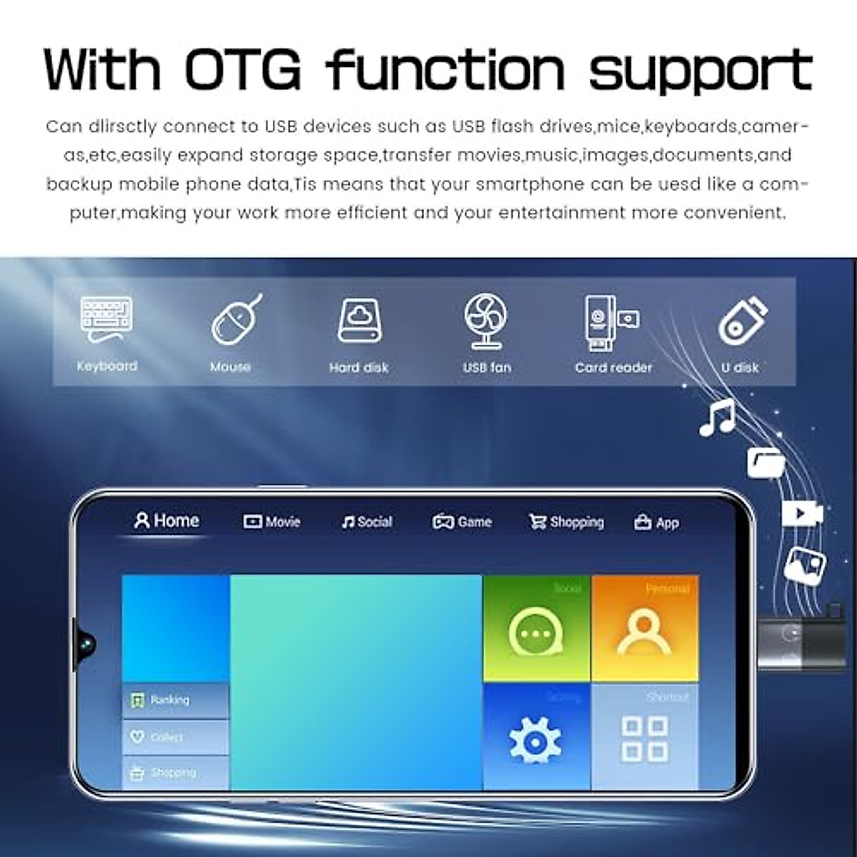 Smartphone, 6.5inch Ultra HD Screen 13 MP Camera Face Recognition Unlocked Cell Phone 4GB RAM 64GB ROM 8000mAh High Capacity Battery Triple Card Slot Mobile Phone (Blue)