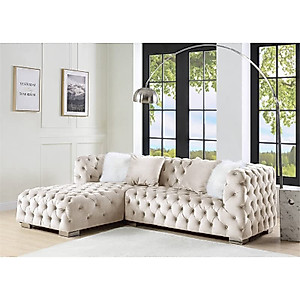 Acme Furniture Velvet Upholstered Sectional Sofa with 4 Pillows, Beige
