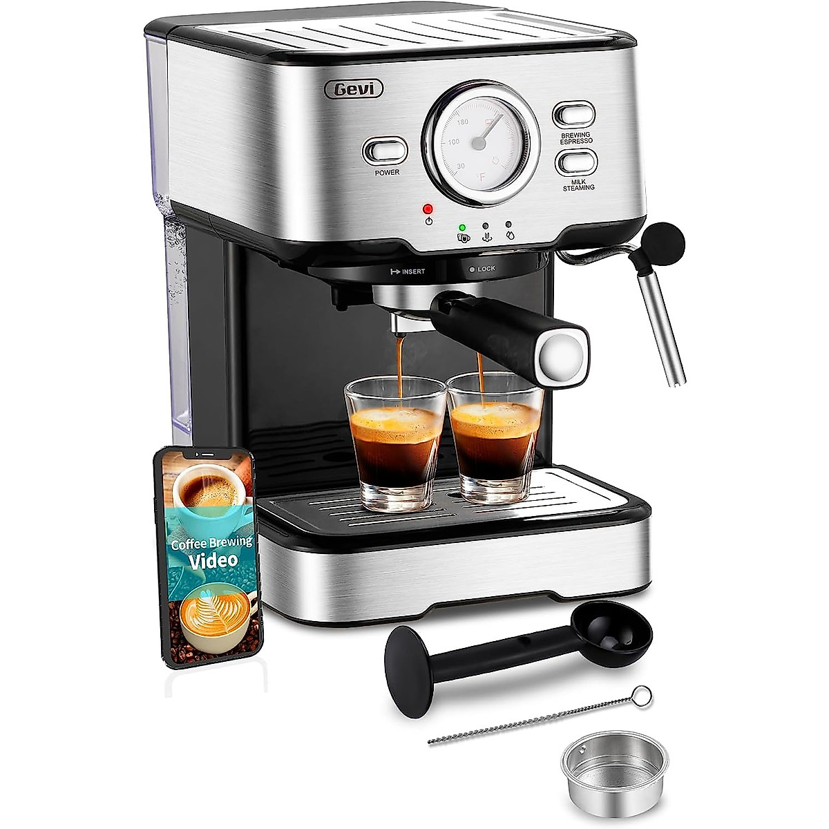 Gevi Espresso Machine 15 Bar Pump Pressure, Cappuccino Coffee Maker with Milk Foaming Steam Wand for Latte, Mocha, Cappuccino, 1.5L Water Tank （Carbon Black）