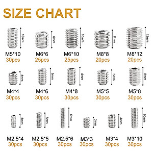 VIGRUE 450PCS M2.5/M3/M4/M5/M6/M8 Hex Allen Head Socket Set Screw Bolts Assortment Kit Grub Screw with Internal Hex Drive, 304 Stainless Steel