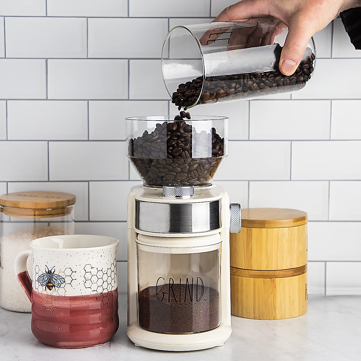 Coffee Grinder, Electric Burr Coffee Grinder, Grinder for Coffee, French Press, Espresso, and Drip Coffee 18 Grinding Settings, Electric Coffee Grinder Labeled "GRIND" in Cream by Rae Dunn