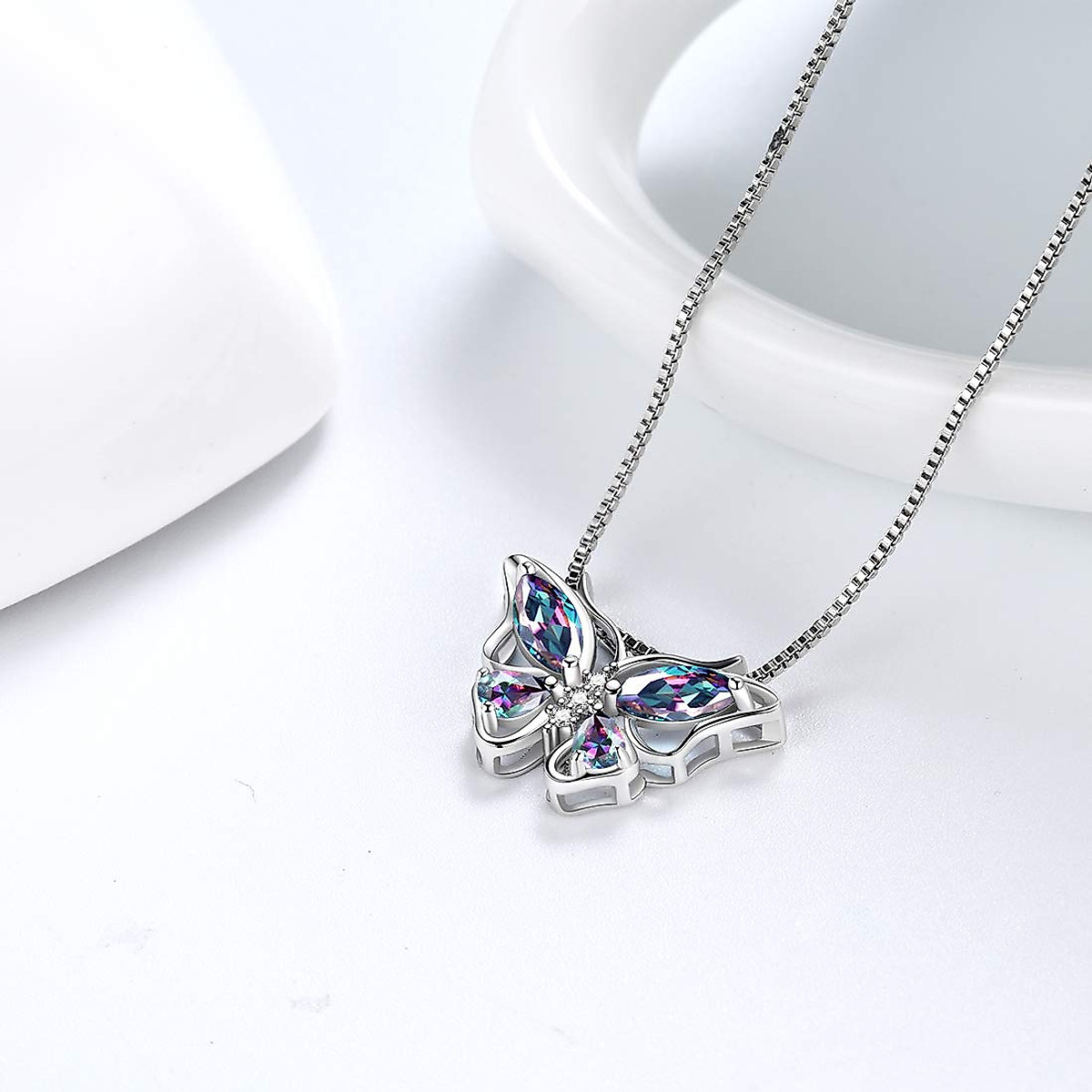Aurora Tears 925 Sterling Silver Butterfly Necklace,Women Butterflies Birthstone Pendant Necklace for Birthday Wedding Gift