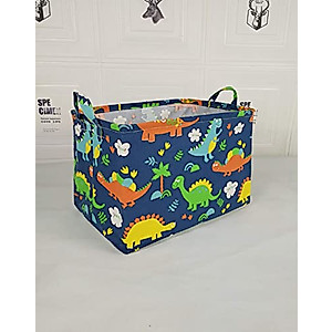 ACMUUNI REC Canvas Clothes Basket Laundry Hamper with Handles Waterproof Cotton Storage Organizer Perfect for Kids Boys Girls Toys Nursery Gift Basket (REC blue dinosaur)