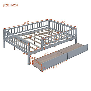 Polibi Full Size Daybed,Wood Full Day Bed Frames with Two Drawers and Safety Guardrails for Bedroom Living Room Kids Adults, Gray