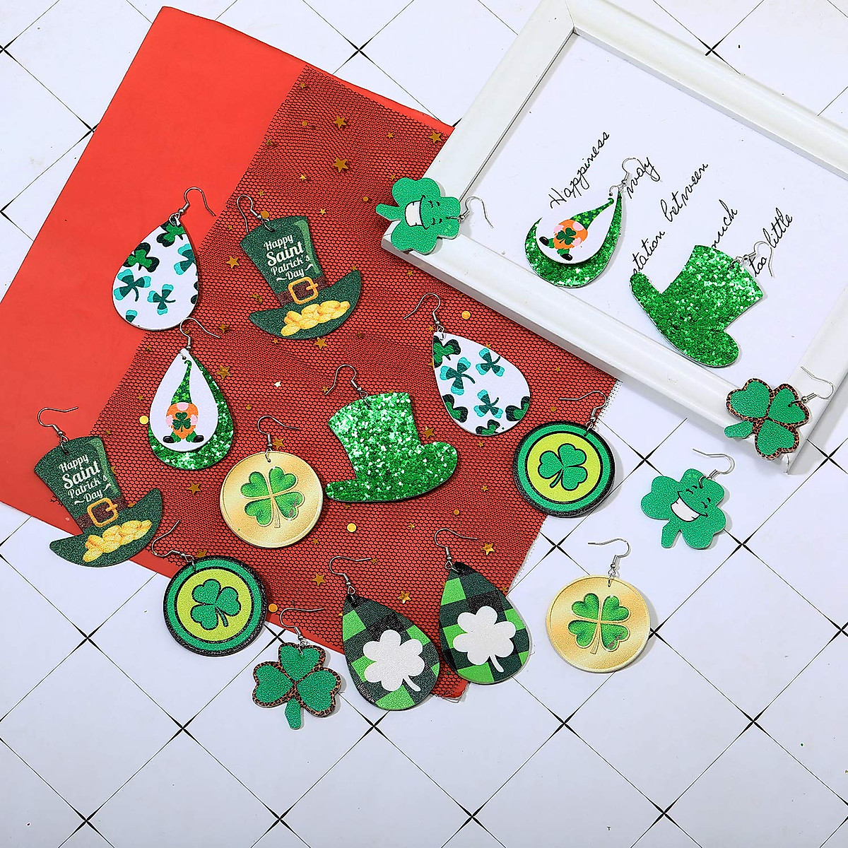 Honsny 24 Pairs St Patrick's Day Easter Earrings for Women Faux Leather Teardrop Dangle Earrings Set Clover Green Hat Easter Egg Dangle Earrings Jewelry for Women Drop Earrings