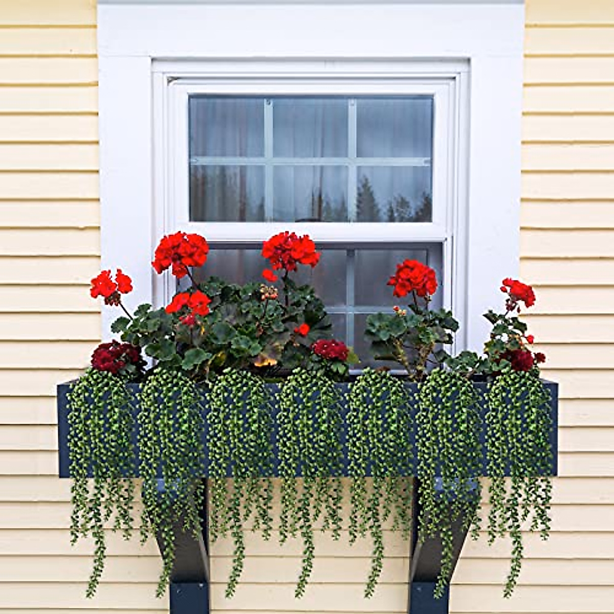 FUNARTY 2pcs Faux Plants Indoor — Artificial String of Pearls Plant in Black Pots, Realistic Green Fake Hanging Plants for Shelf Decor Desk Home Garden Decorations