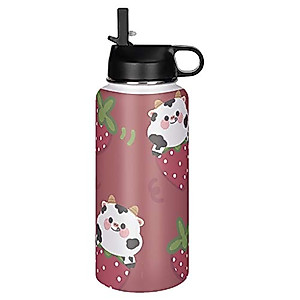 EmroyouYi Strawberry Cow Stainless Steel Sports Water Bottle with Straw Lid Insulated Thermo Mug Gifts for Friends white 32oz