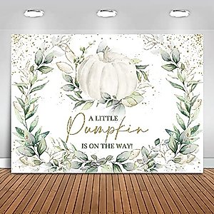 Mocsicka Greenery Gold Pumpkin Baby Shower Backdrop White Pumpkin Baby Shower Background Autumn Fall Baby Shower Party Decorations Banner Photo Studio Props (7x5ft)