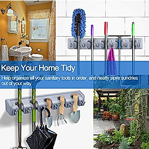 WEN WEN HOME Broom Holder and Garden Tool Organizer for Rake or Mop Handles, 5 Position with 6 Hooks, Up to 7-12 pounds and 1.25-Inches(Grey)