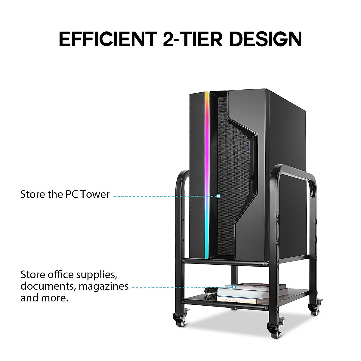 Computer Tower Stand, 360Tronics Adjustable Desktop ATX-Case CPU Holder, 2-Tier PC Rolling Stand Mobile Steel Desktop Case Stand Cart with 4 Locking Wheels for Office Home, Black