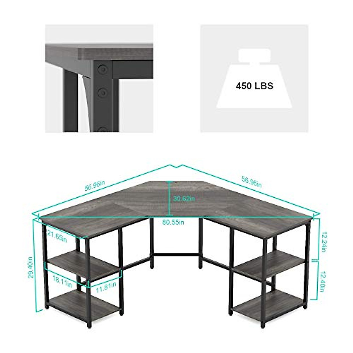 Elephance Large L-Shaped Computer Desk with Shelves, Corner Desk, Home Office Writing Workstation, Gaming Desk PC Latop Table with Storage