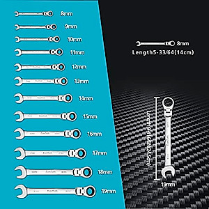 DURATECH 12-Piece Flex-Head Ratcheting Combination Wrench Set, 72-Tooth, Metric, 8-19mm, Cr-v Steel, Organized in Storage Case