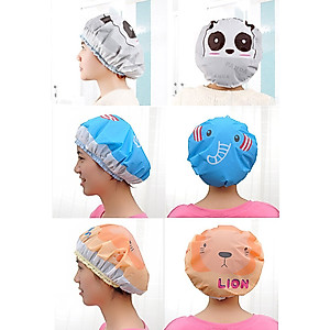 Fast and Good Cute Cartoon Waterproof Elastic Shower Cap Bath Cap for Women and Girls and Kids,Pack of 3 Pcs(Panda+Elephant+Lion)