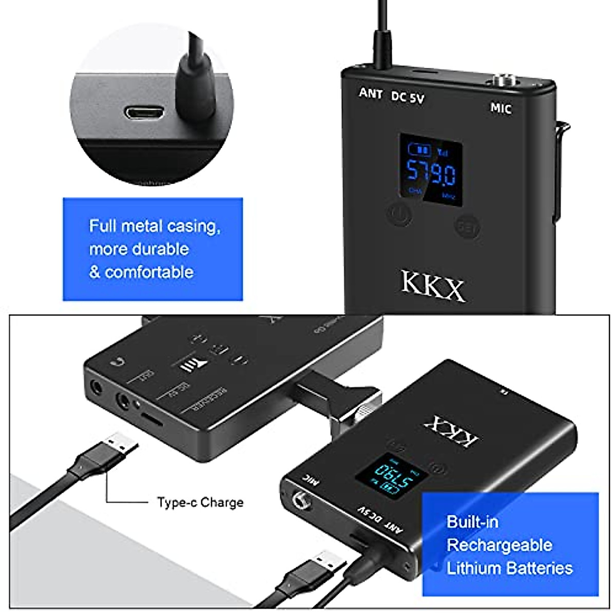 KKX UHF Wireless Lavalier Microphone System Professional Dual Transmitters Wireless Lapel Mic System Compatible with iPhone, DSLR Camera, Camcorder, Conference, Interview & YouTube