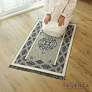 SAQENZA Muslim Prayer Rug Double Sided - Prayer Mat 3 Pieces Set - Gift Kufi Hat - Gift Prayer Beads ( 99 ) - Muslim Gifts for Men , Women and Kids ( Black )