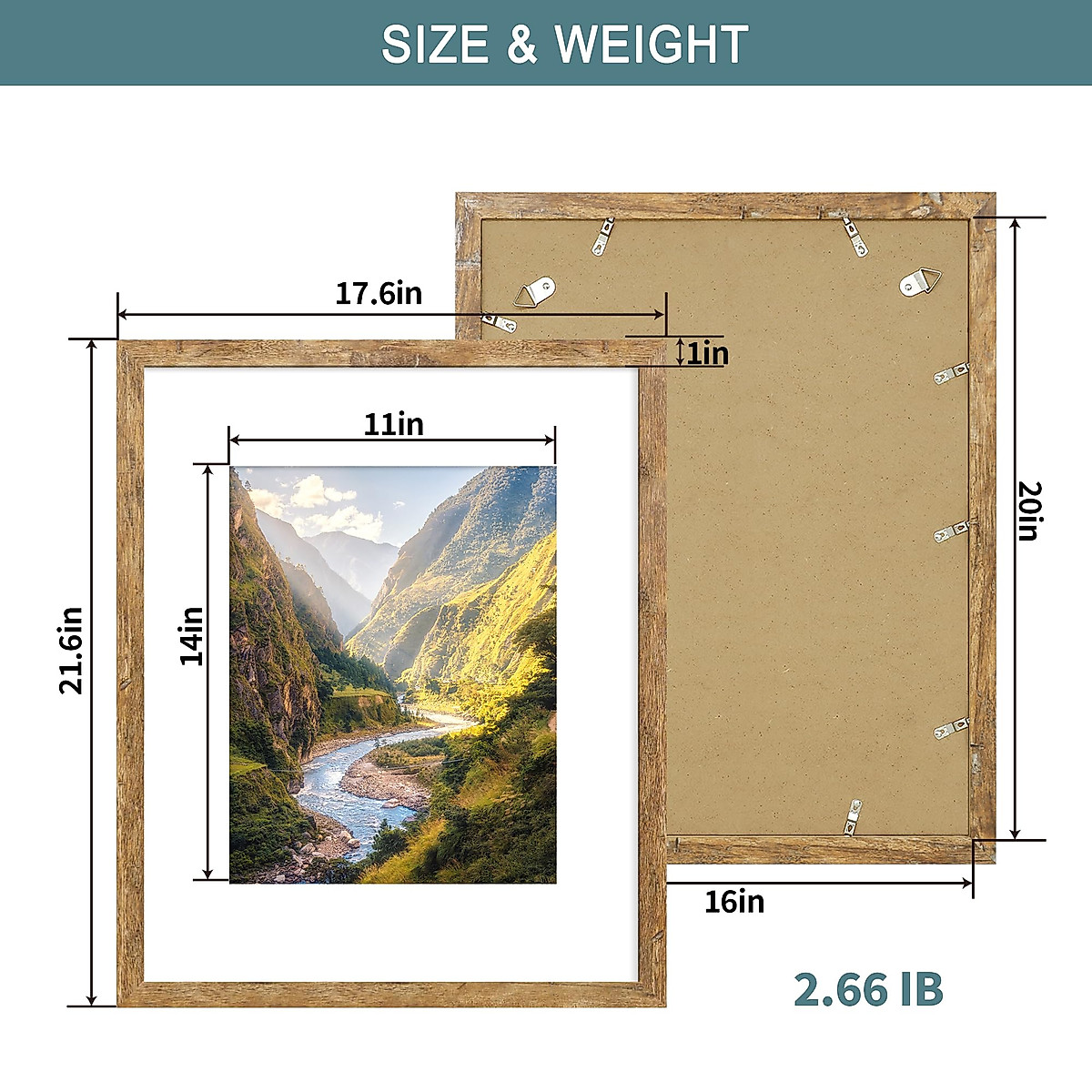 16x20 Frame Set of 2 with Plexiglass, Rustic Brown Wood Frame Display 11x14 Picture with Mat or 16 x 20 Picture Without Mat, 16x20 Poster Frame for Wall Gallery Mounting Horizontal and Vertical