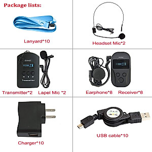 EXMAX EXD-101 2.4G Wireless Handfree Tour Guide System Translation Equipment with 9999 Channels for Tour Guide, Interpreter, Coach, Trainee(2 Transmitters 8 Receivers)