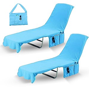 Kovot Beach Chair Towel Cover – Super Absorbent and Soft – Chaise Lounge Chair Towel Cover with Pockets – 84 x 26 Inches Light Blue Quick Drying Tanning Towel Cover – 2 Pack