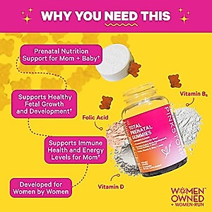 Pink Stork Total Prenatal Vitamin Gummies: Folic Acid, Vitamin D, B6 & More - Gummy Prenatal Vitamins for Women - Pregnancy Must Haves, Morning Sickness Relief, Women-Owned, 60 Raspberry Gummies