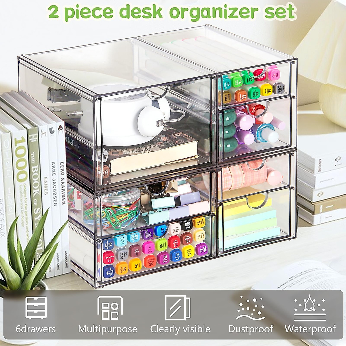 VZKAH Acrylic Organizer and Storage | 7 Drawers 2 Sets | Desk Organizer with Drawers, Clear Makeup Storage Drawers, For Beauty/Office/Craft Supply Storage and Organization