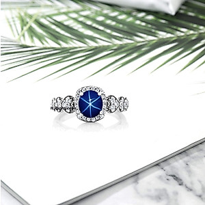 HRG Blue Star Sapphire Ring Round Cabochon Ring Wedding Ring Women Ring 925 Sterling Silver Ring Lab (Rose Gold Plated Silver, 6.5)