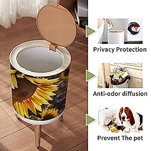 Small Trash Can with Lid Yellow sunflower in the sunset light Close up Sunflower close up Garbage Bin Wood Waste Bin Press Cover Round Wastebasket for Bathroom Bedroom Kitchen 7L/1.8 Gallon