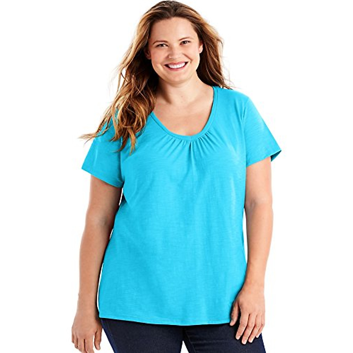 JUST MY SIZE womens Slub Jersey Short Sleeve Shirred V-neck T-shirt fashion t shirts, Process Blue, 2X US