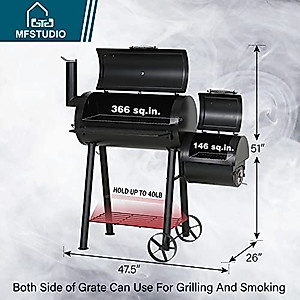MFSTUDIO Heavy Duty Outdoor Smoker, Portable BBQ Charcoal Grill with Offset Smoker, 512 Sq.In. Cooking Area for Camping and Picnic, Black