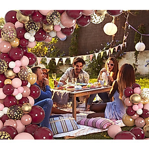 Ouddy Party Burgundy Pink Balloons Garland Arch Kit Rose Gold Champagne Gold Confetti Metallic Balloons for Women Birthday Mothers Day Bridal Shower Bachelorette Wedding Party Decorations with 4 Tools