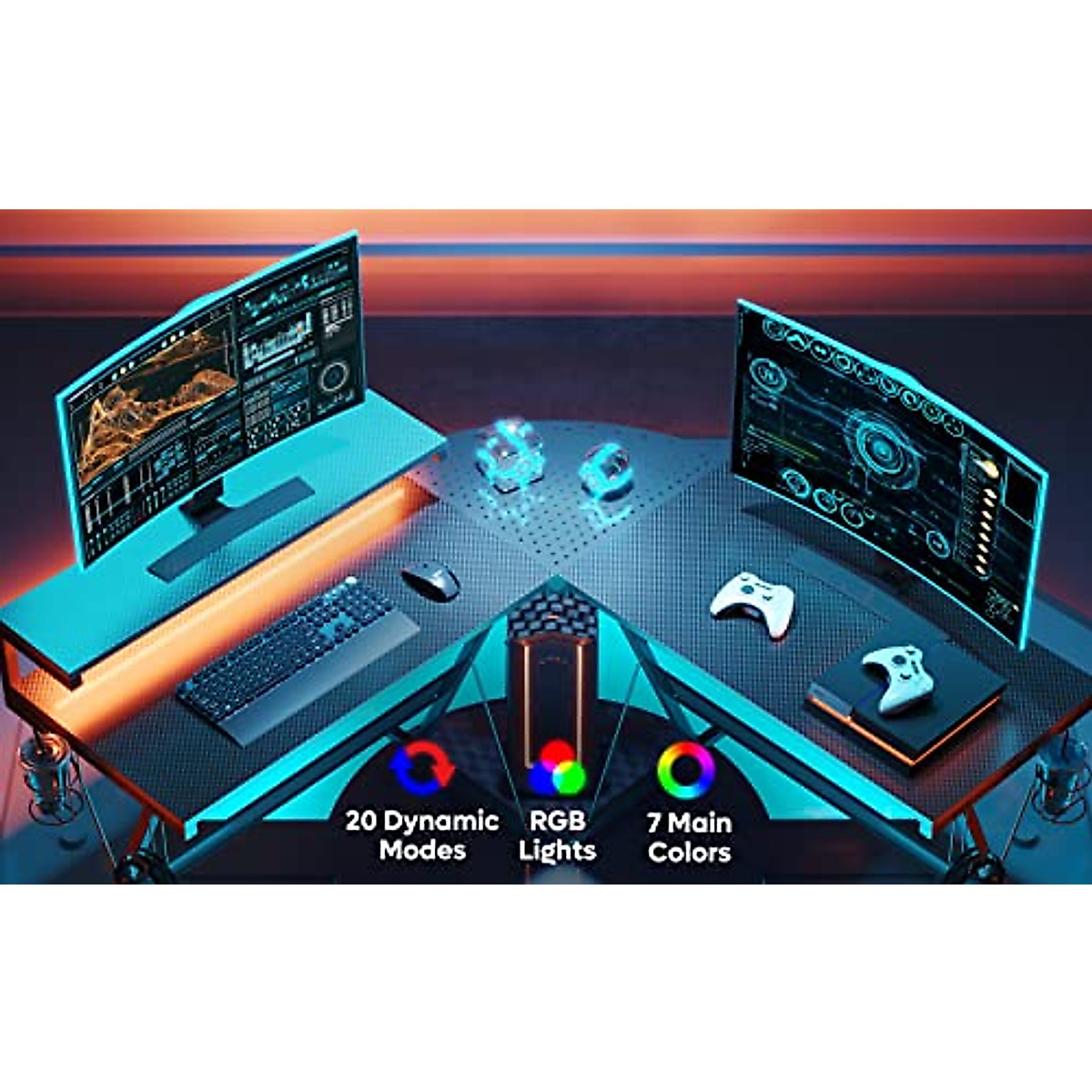 Bestier LED Gaming Desk 55" L Shaped Computer Corner Desk with 2 Cup Holders 2 Headset Hooks 36" Large Monitor Shelf Home Office Desk Bedroom Reversible 72" Long Desk for 2 Persons, Black