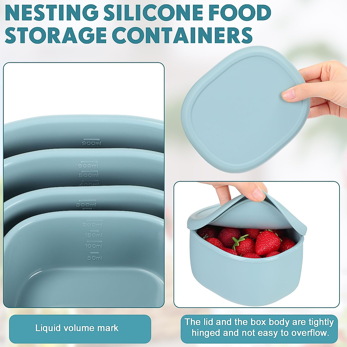 Yiyiring 5 Pcs Nesting Silicone Food Storage Containers with Lids Blue Silicone Bento Lunch Boxes Airtight Silicone Lunch Container, Microwave and Freezer Safe Lunch Supplies