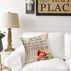 ShareJ Throw Pillow Covers When Cardinal Visits Your Yard, It's A Visitor from Heaven Inspirational Quote Home Decor Square Pillow Cases for Bedroom Livingroom Cotton Linen Cushion Cover 18x18 Inch