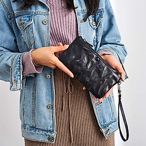 Ancicraft Womens Wallet Wristlet Leather Zippered Clutch Bag Phone Pouch with Snap Credit Card Holder Black Gift