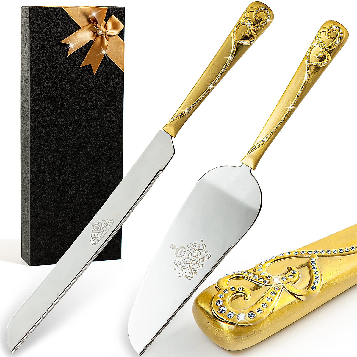 Sparking Love Hearts Cake Cutter and Pie Server Set, Stainless Steel Wedding Cake Knife and Server Set for Birthday, Anniversary, Engagement Or Christmas Gifts (Fashion gold)
