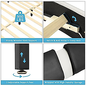 Led Bed Frame Queen Size Modern Upholstered Platform Bed Frame with LED Lights Faux PU Leather Wave Like Low Profile Platform Bed Frame with Headboard, Wooden Slats, No Box Spring Needed, Black+White