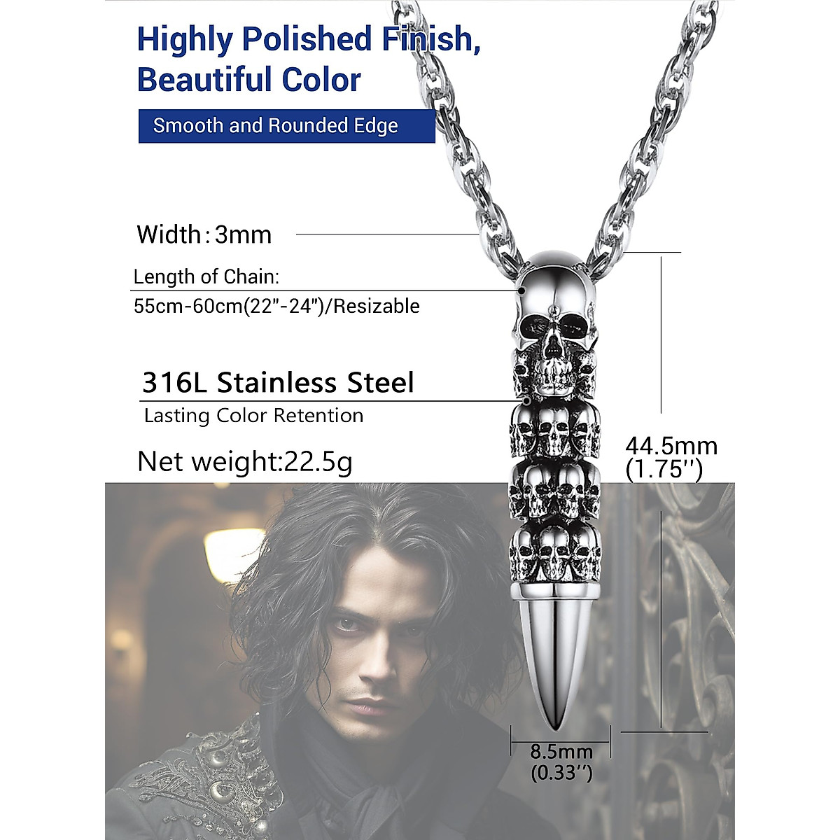 PROSTEEL Stainless Steel Skull Bullet Charm Necklace Skeleton Pendant Halloween Jewelry Retro Vintage Statement Necklace