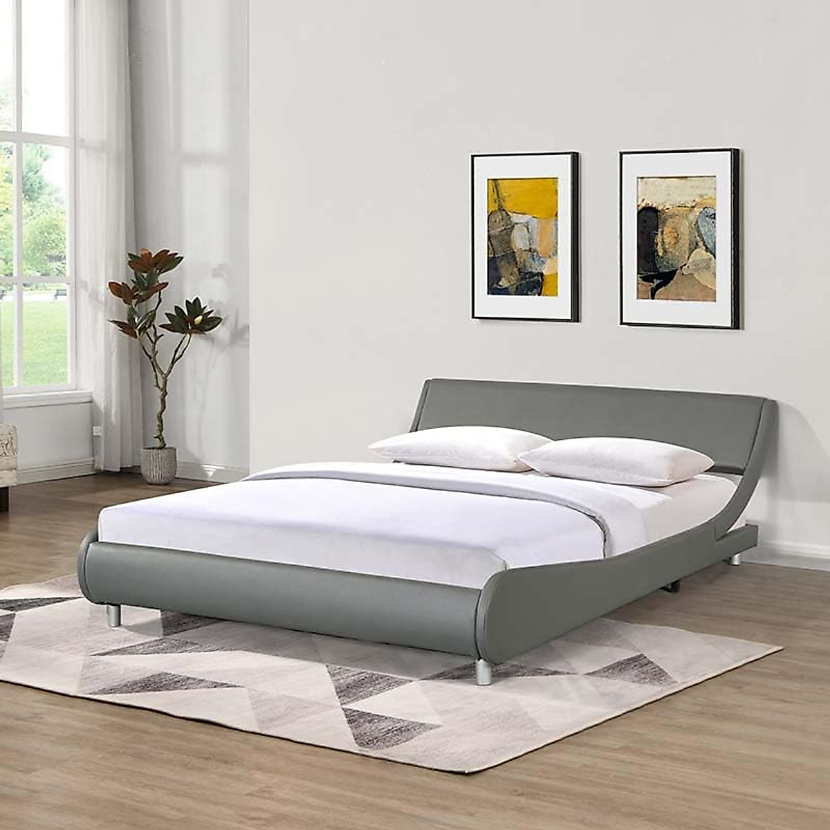 Queen Size Leather Upholstered Platform Bed Frame with Comfortable Headboard and Footboard, Modern Curve Design Platform Bed with Sturdy Bed Frame/Wood Slats Support/Easy Assemble for Bedroom (Grey)