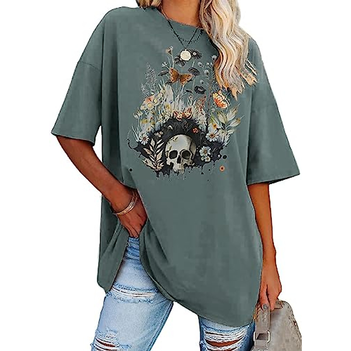 Women Oversized Skull Shirts Skeleton Floral Graphic Loose Tshirts Halloween Teen Girls Baggy Trendy Top